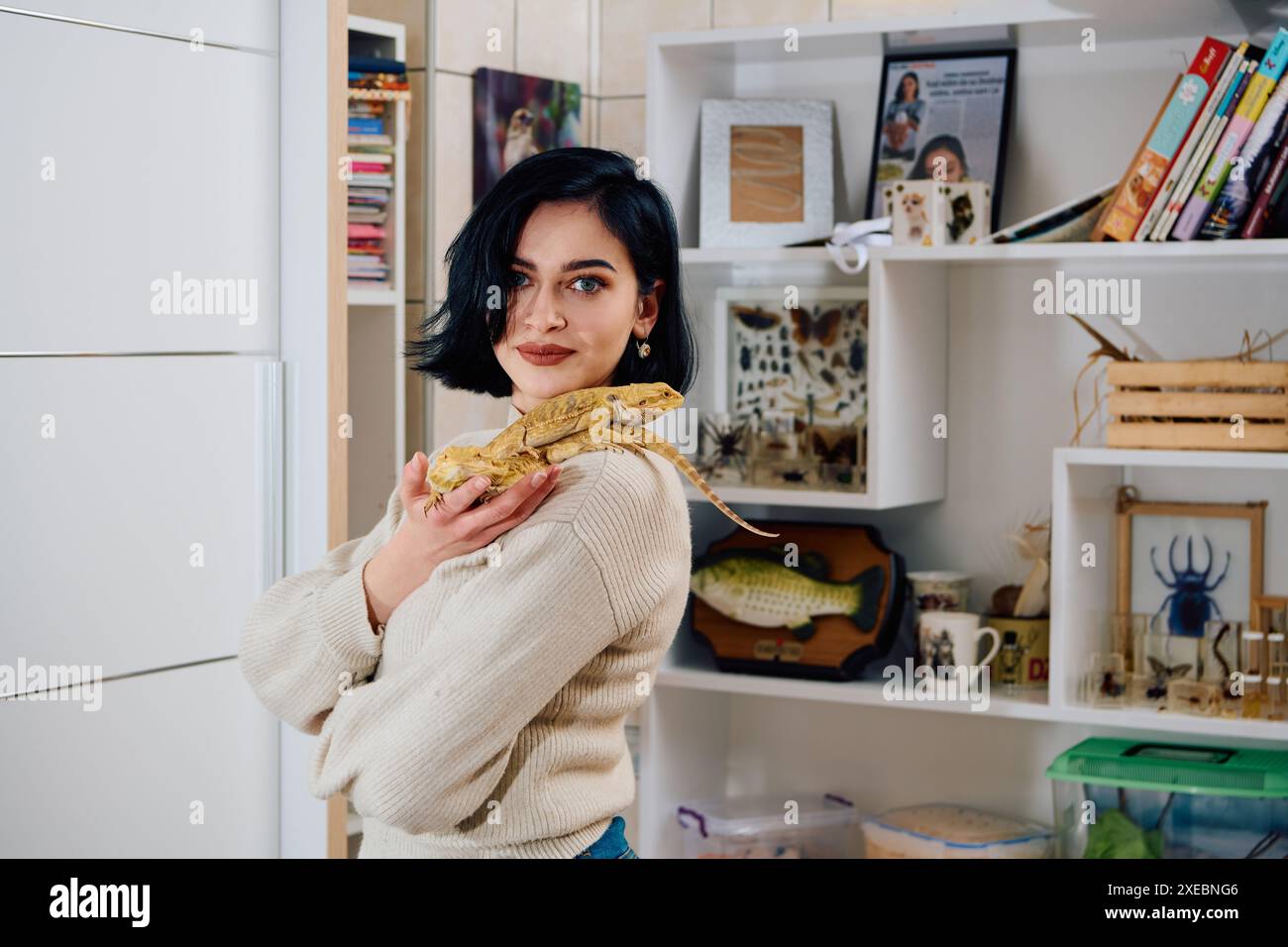 Beautiful Woman Posing with Her Two Adorable Bearded Dragon Pets Stock ...