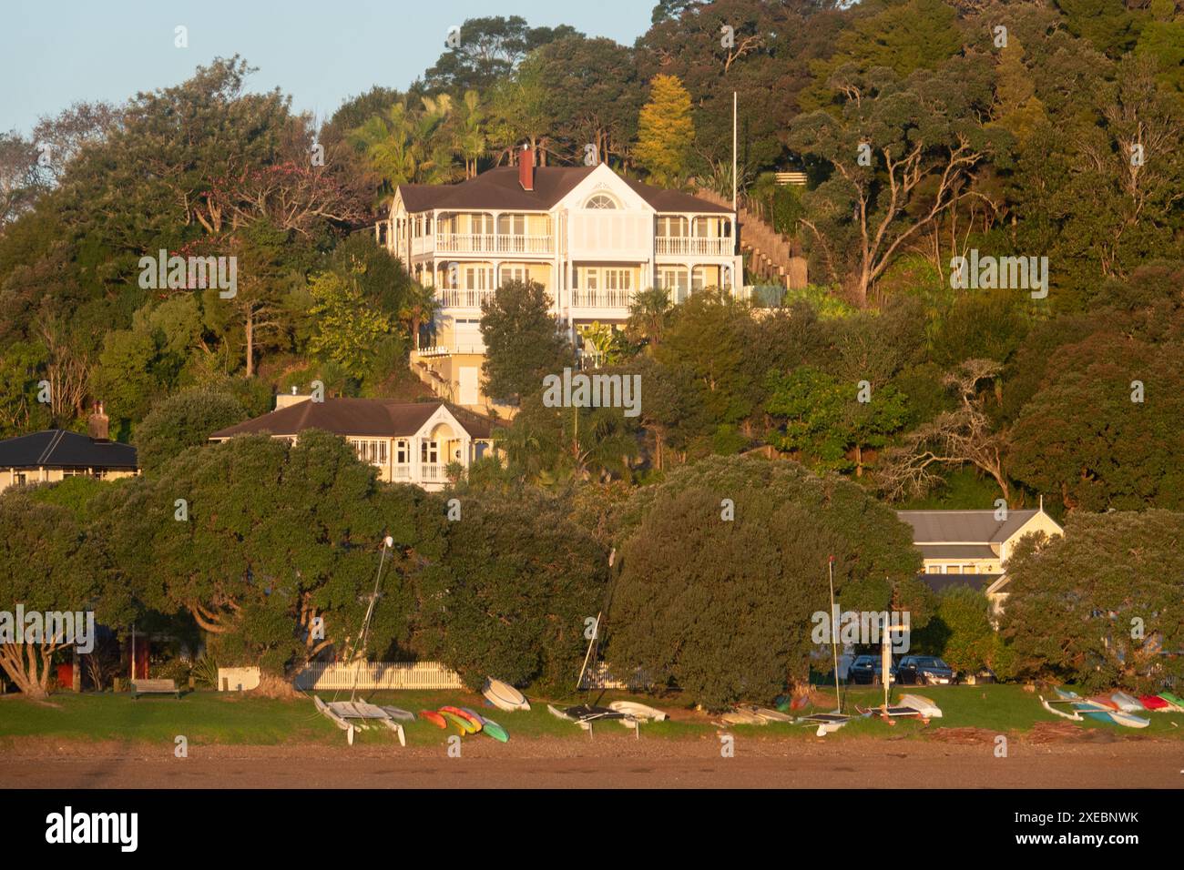 Sunset view of Russell beach, Bay of Islands, New Zealand Stock Photo ...