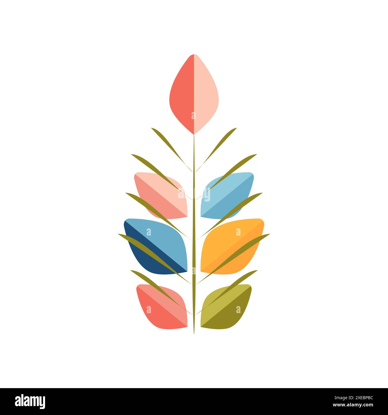 Icon of a geometric branch featuring mirrored colorful leaves and veins ...