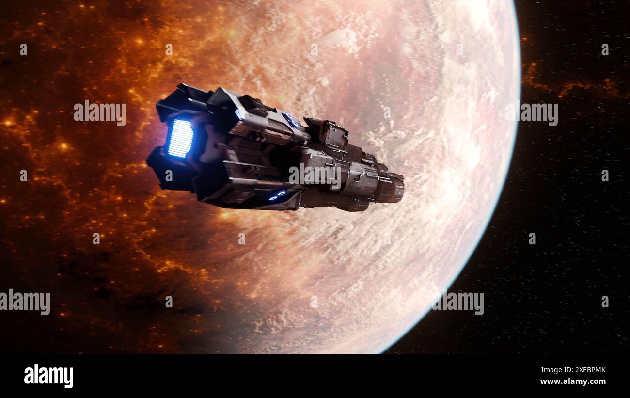 Big Spaceship in outer space in orbit above a unknown alien planet ...