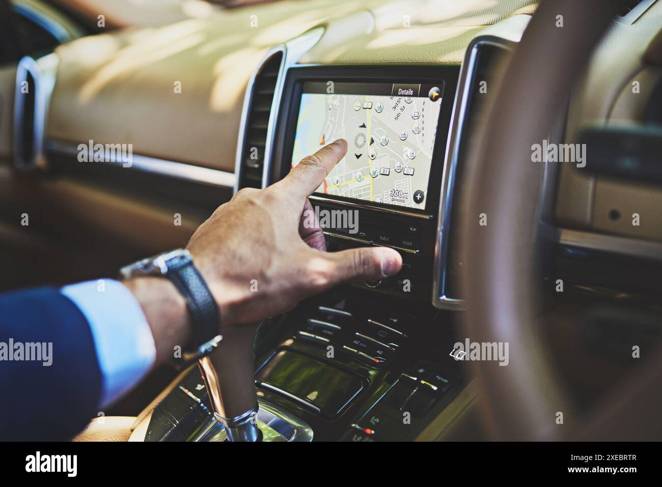 Screen, map and hands of person in car for location, search or check ...