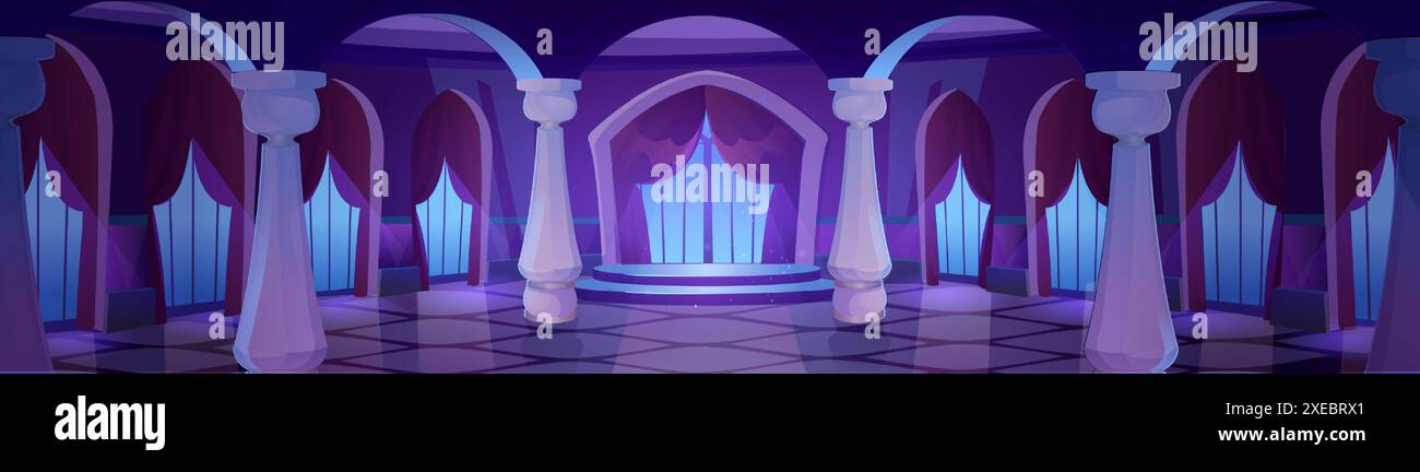 Medieval royal castle ballroom interior with columns and curtains on ...