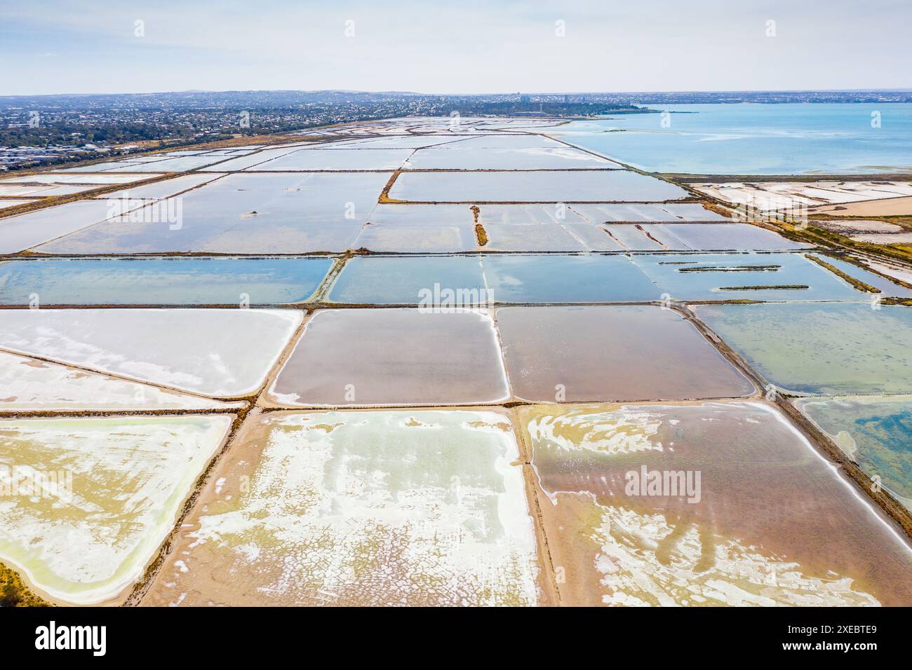 Aerial view of a system of salt evaporaion ponds at Moolap in Southern ...