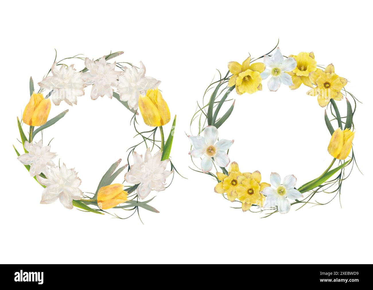 Elegant spring flower wreaths featuring yellow tulips, white lilies ...