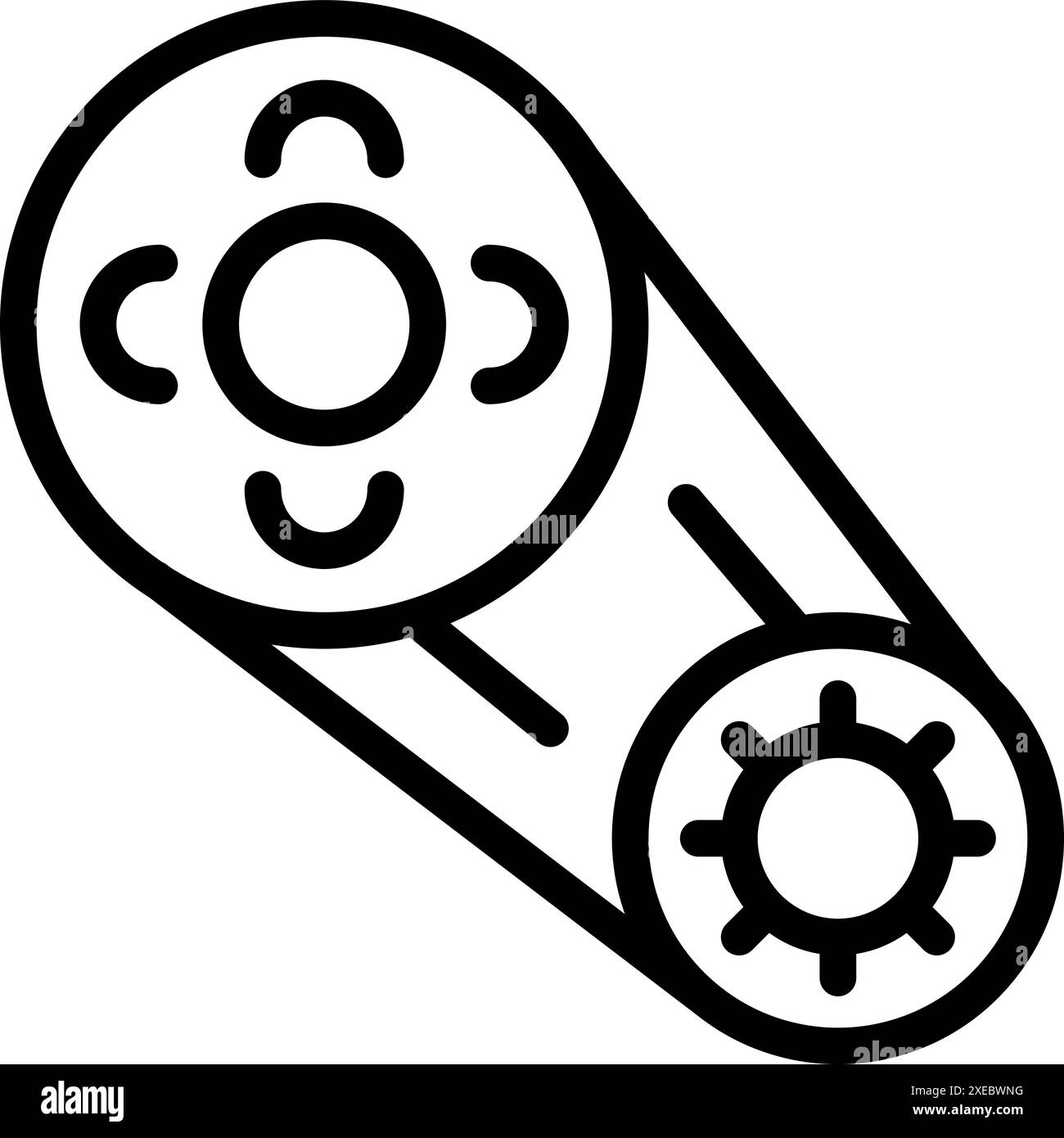 Simple black and white icon of a timing belt connecting two mechanical ...