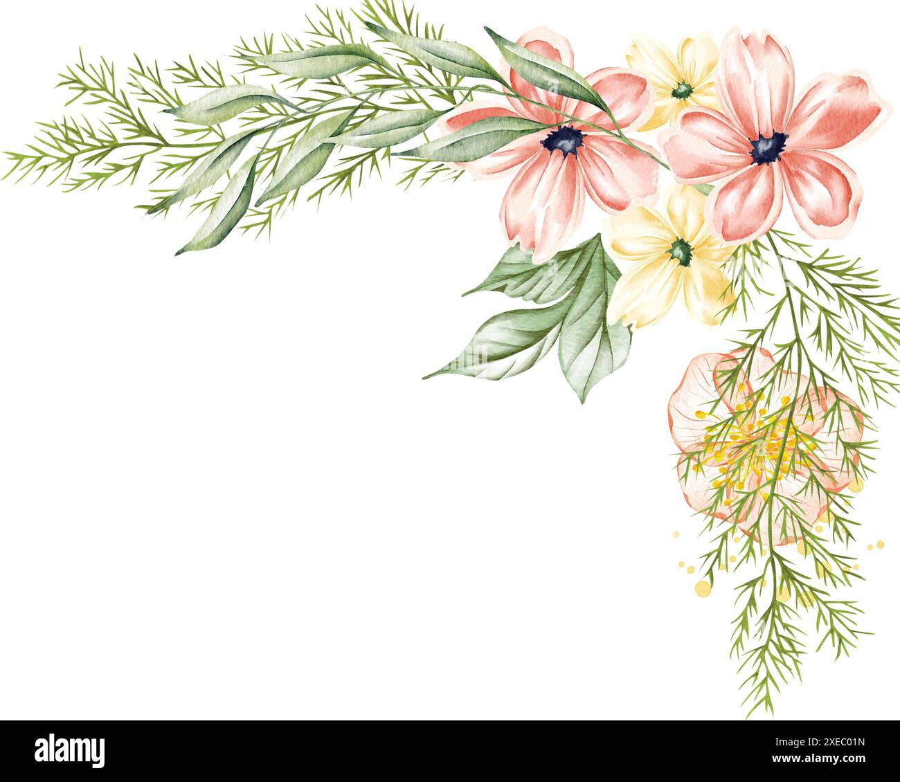 Watercolor floral border. Flower pink rose, green leaves. Wedding ...