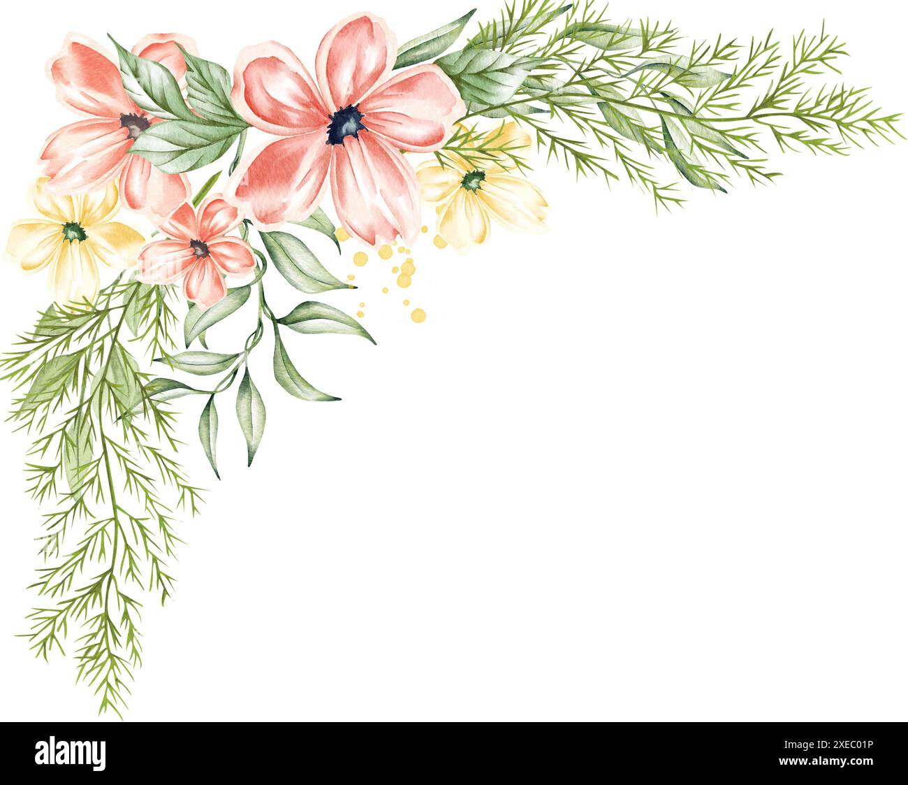 Watercolor floral border. Flower pink rose, green leaves. Wedding ...