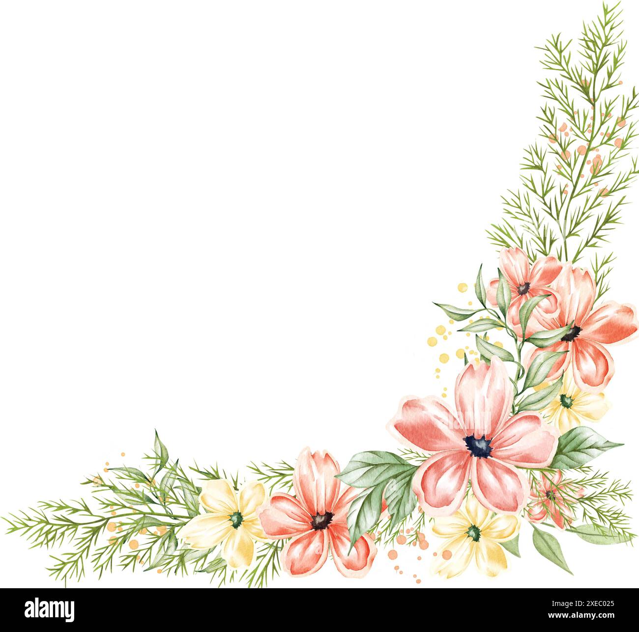 Watercolor floral border. Flower pink rose, green leaves. Wedding ...