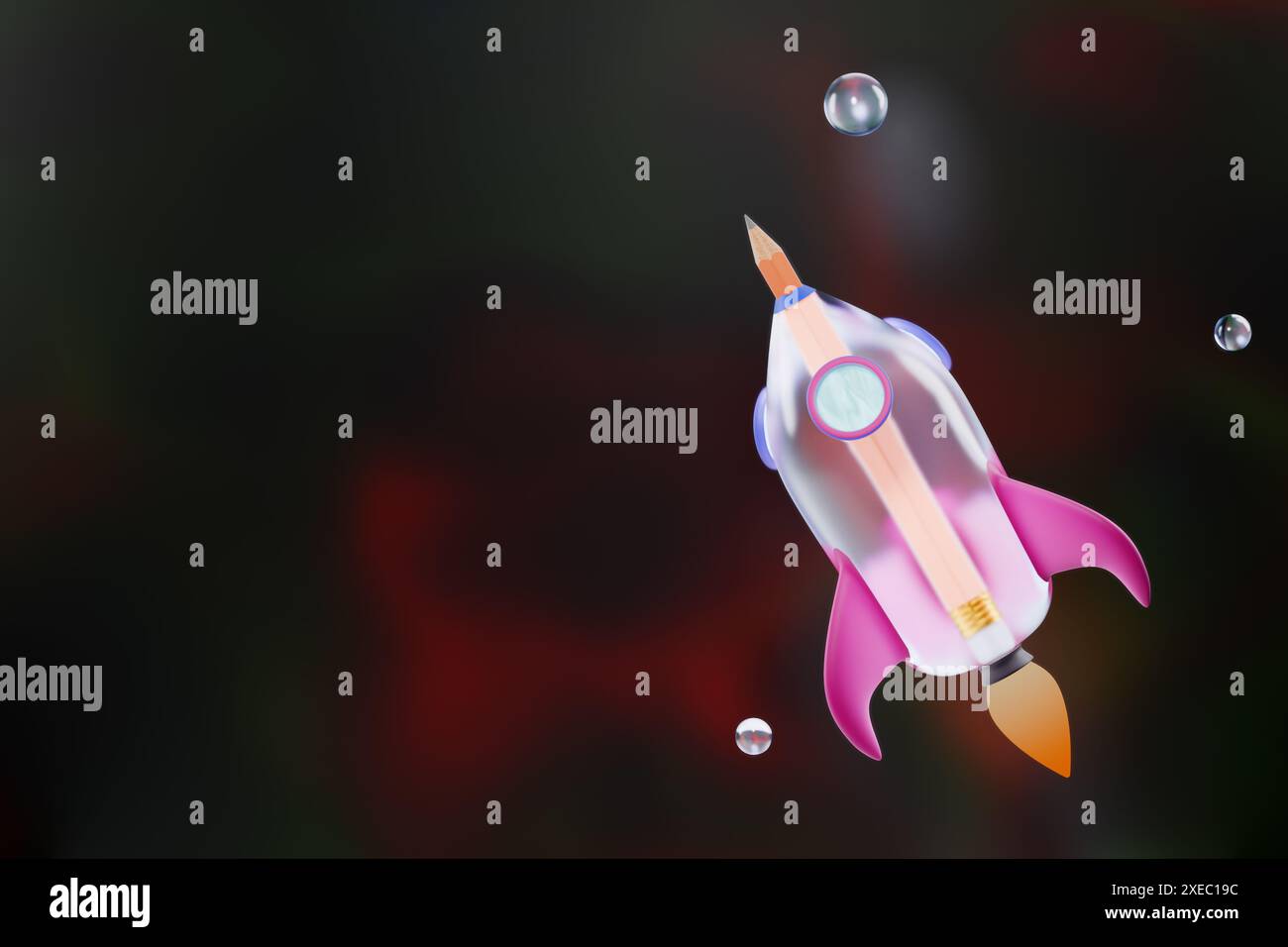 Back to school.Cartoon glass rocket with pencil a dark background. 3d ...