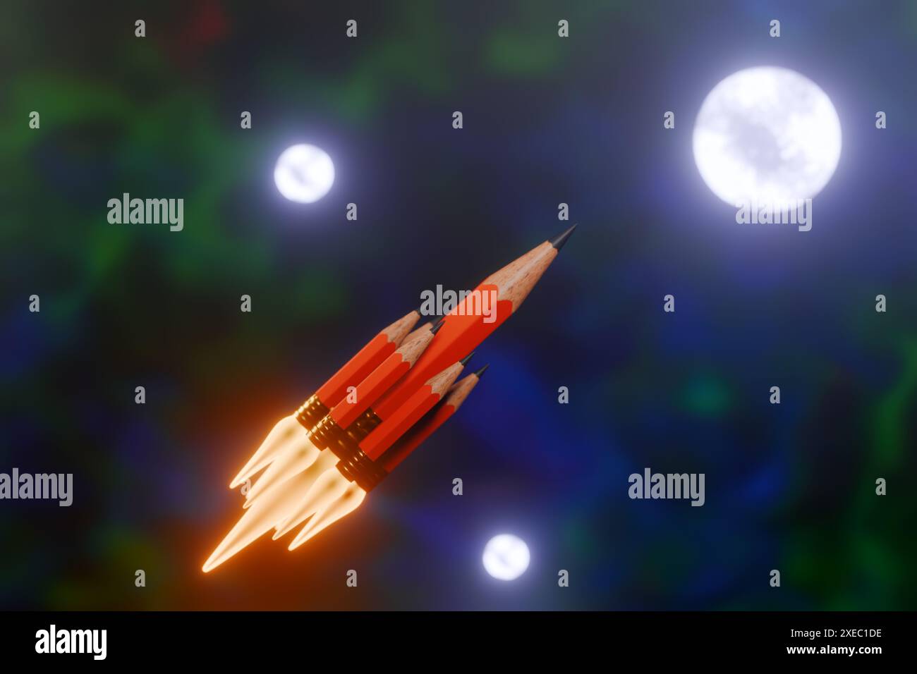 Back to school. Pencils arranged like a rocket flying through space ...