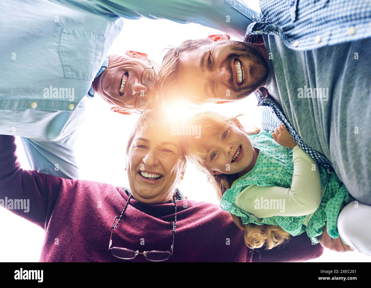 Outdoors, smile and portrait of family in circle, connection and ...