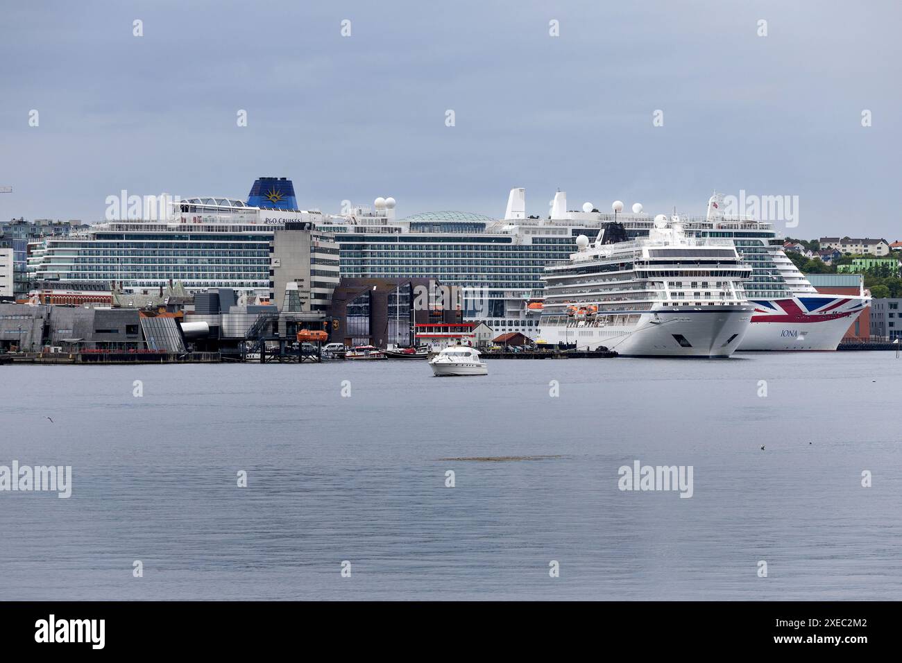 The UK P&O cruise ship Iona dominates the harbour at Stavanger, Norway ...