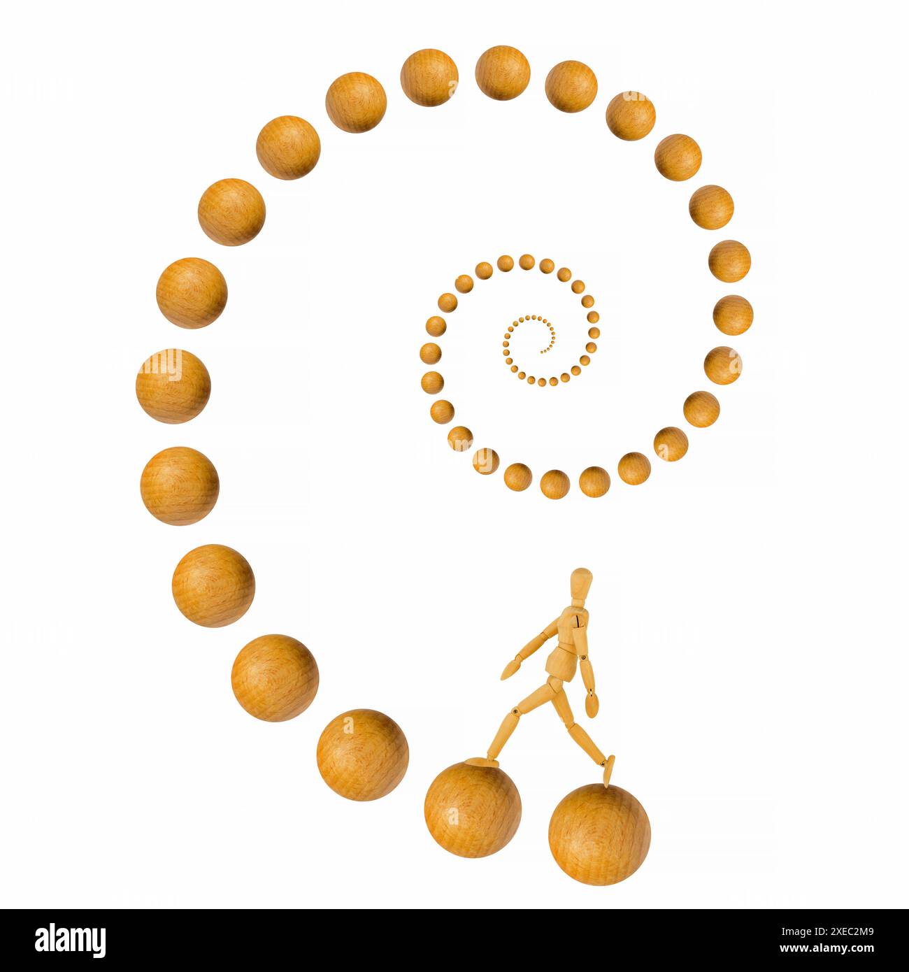 wooden man model walking by wooden beads forming spiral going to ...