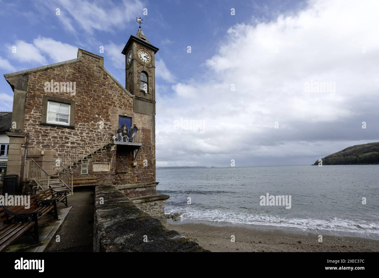 View of the iconic clocktower in the coastal village of Kingsand ...