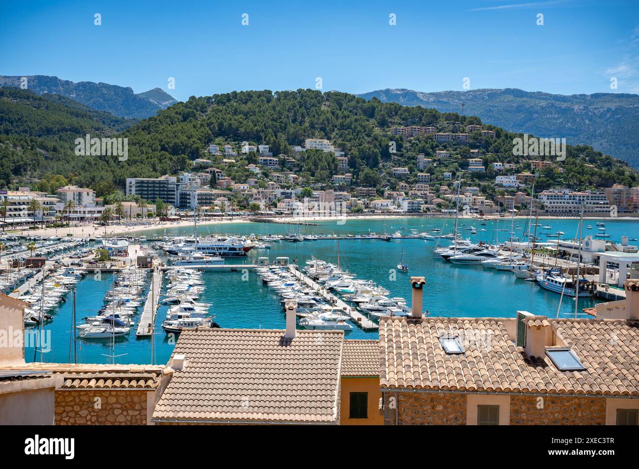Port Soller aerial view, Majorca, port with boats and ships and ...