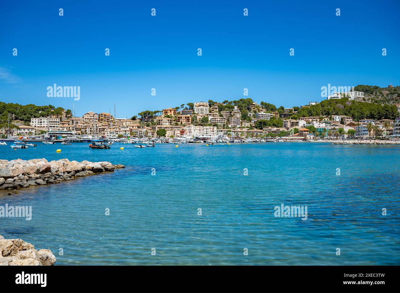 View of Port Soller, Majorca with sea and ships harbor, clear sky ...