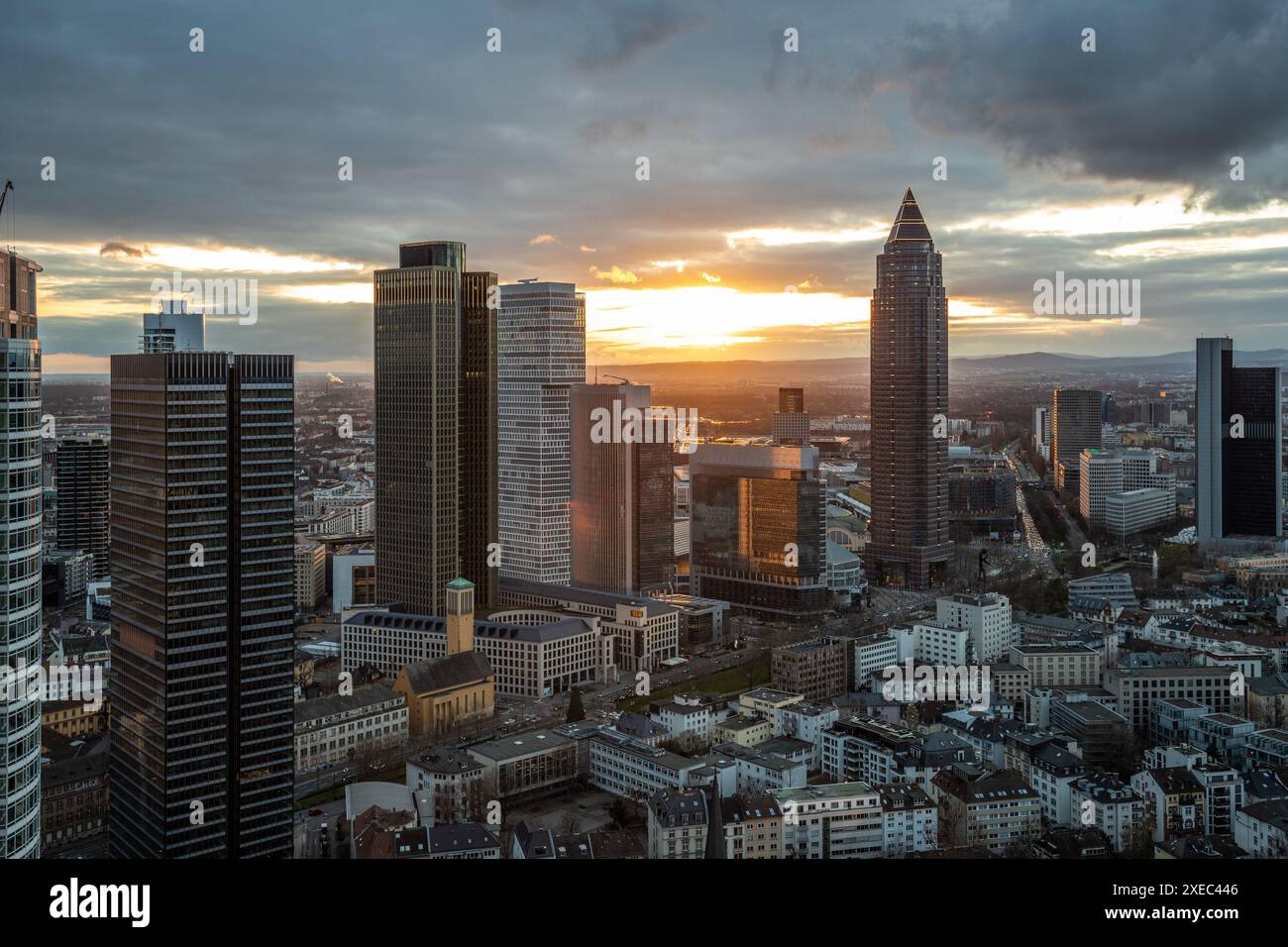 Frankfurt skyline. modern high-rise buildings in the glow of the sunset ...