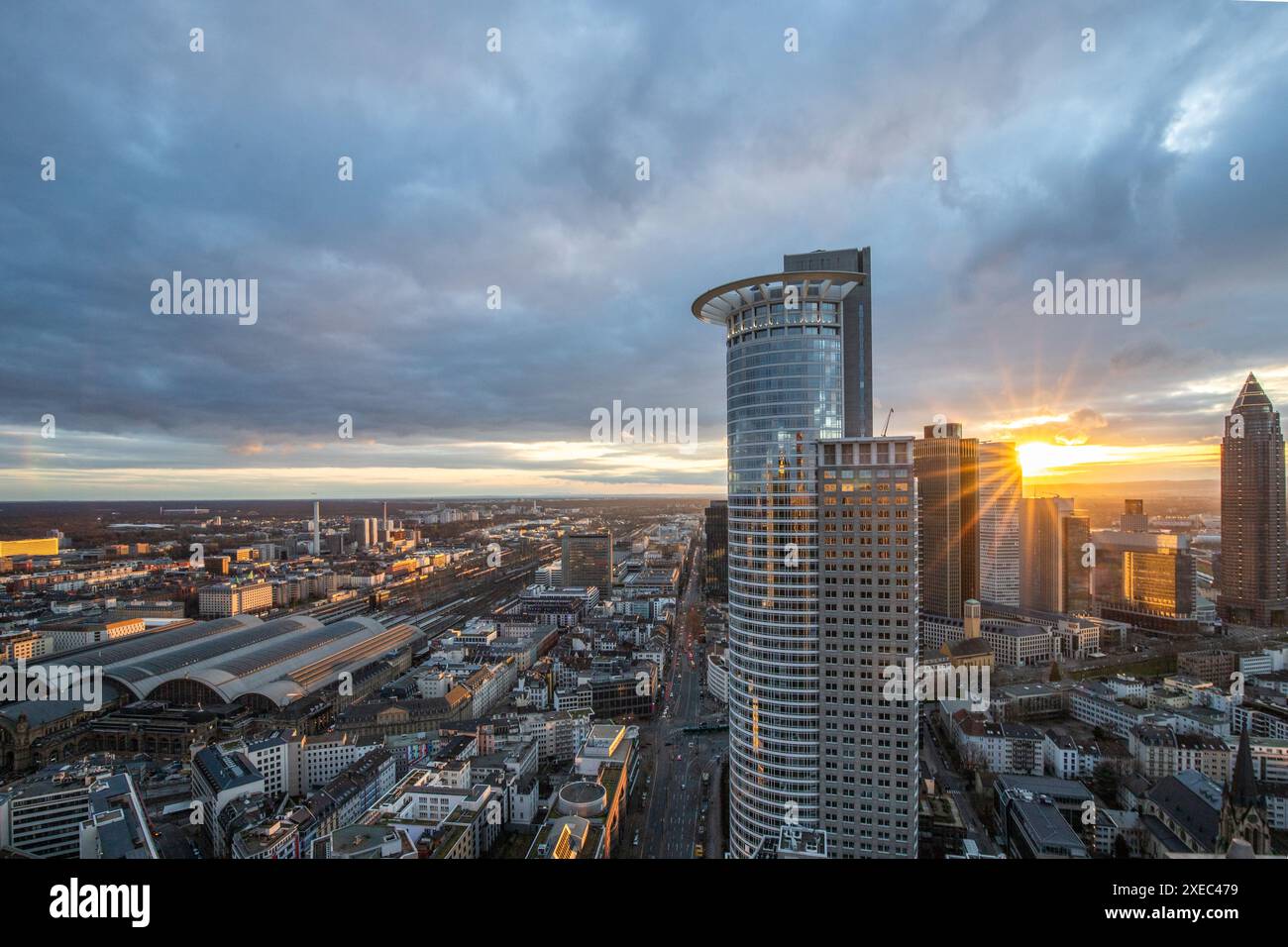 Frankfurt skyline. modern high-rise buildings in the glow of the sunset ...