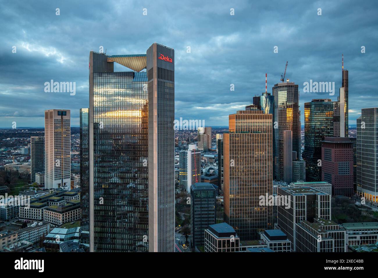 Frankfurt skyline. modern high-rise buildings in the glow of the sunset ...