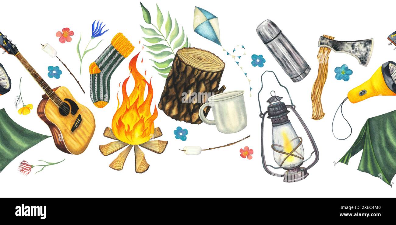 Camping watercolor seamless border with camp tent, guitar, lantern ...