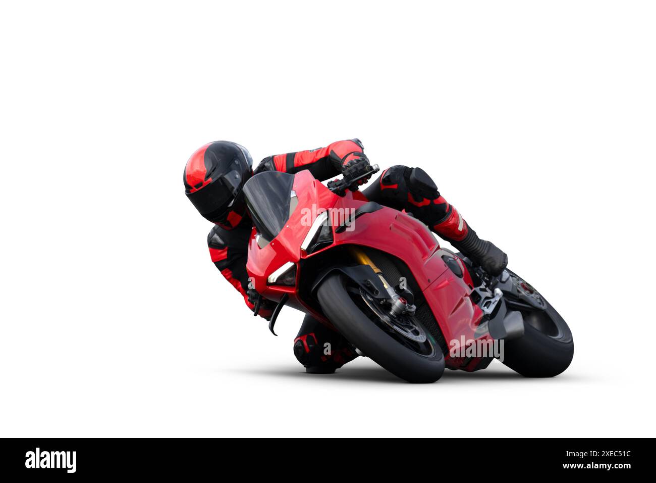 riden on a red sport motorcycle leaning and dragging a knee isolated on ...