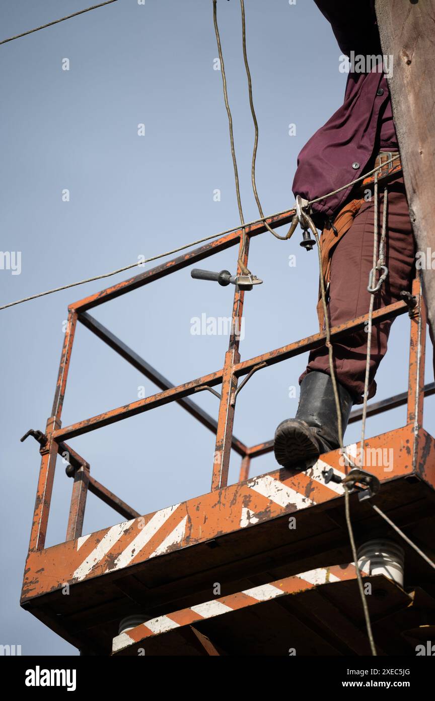 maintenance and repair of an electric pole using a hydraulic bucket ...