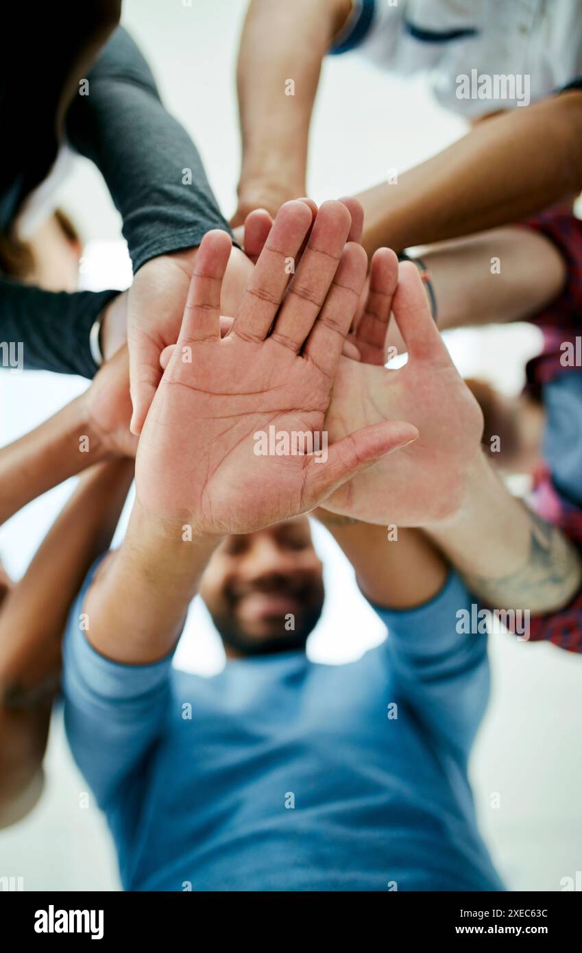 Business people, teamwork and below hand stack for partnership ...