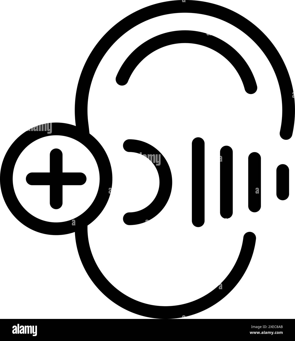 Black and white line art icon of an ear hearing sound with a plus sign ...