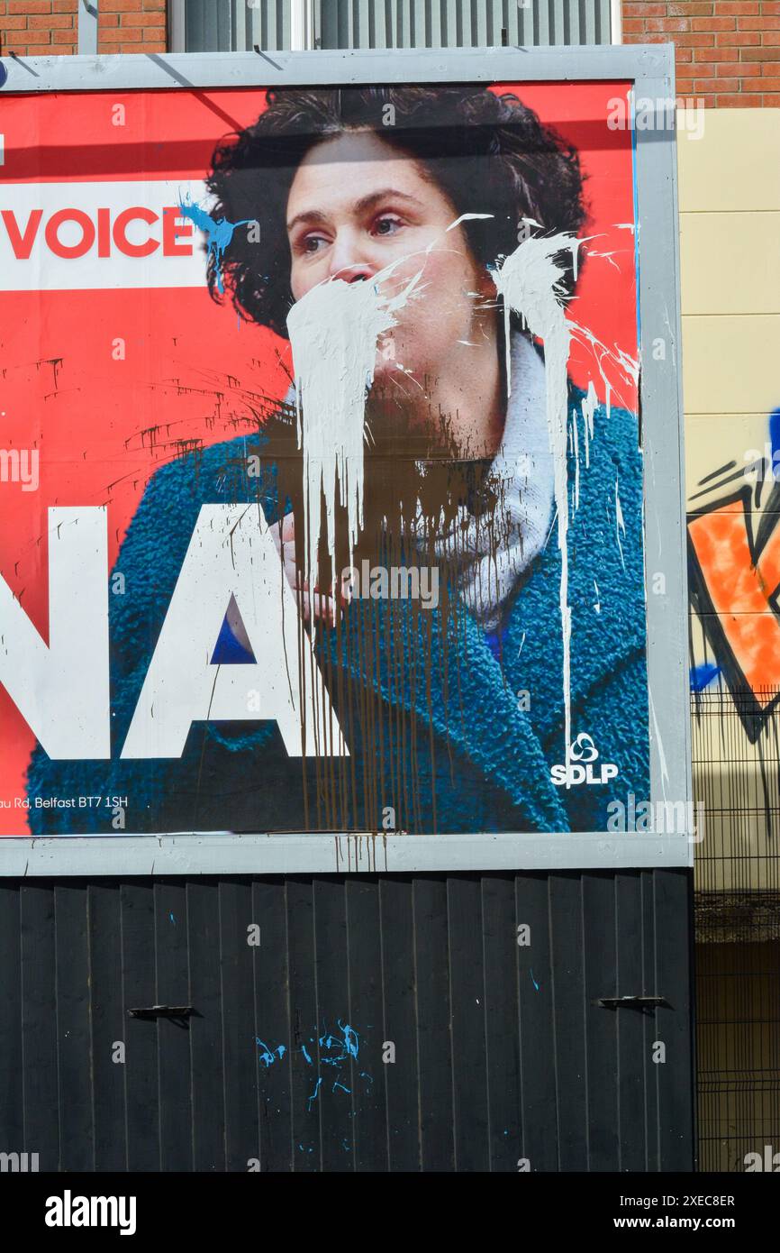Belfast, United Kingdom 27/06/2024 Vandalised election banner for SDLP ...