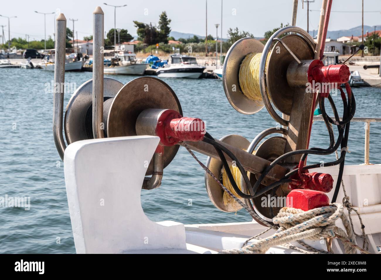 Fishing boat net drum winch closeup on sunny summer day Stock Photo - Alamy