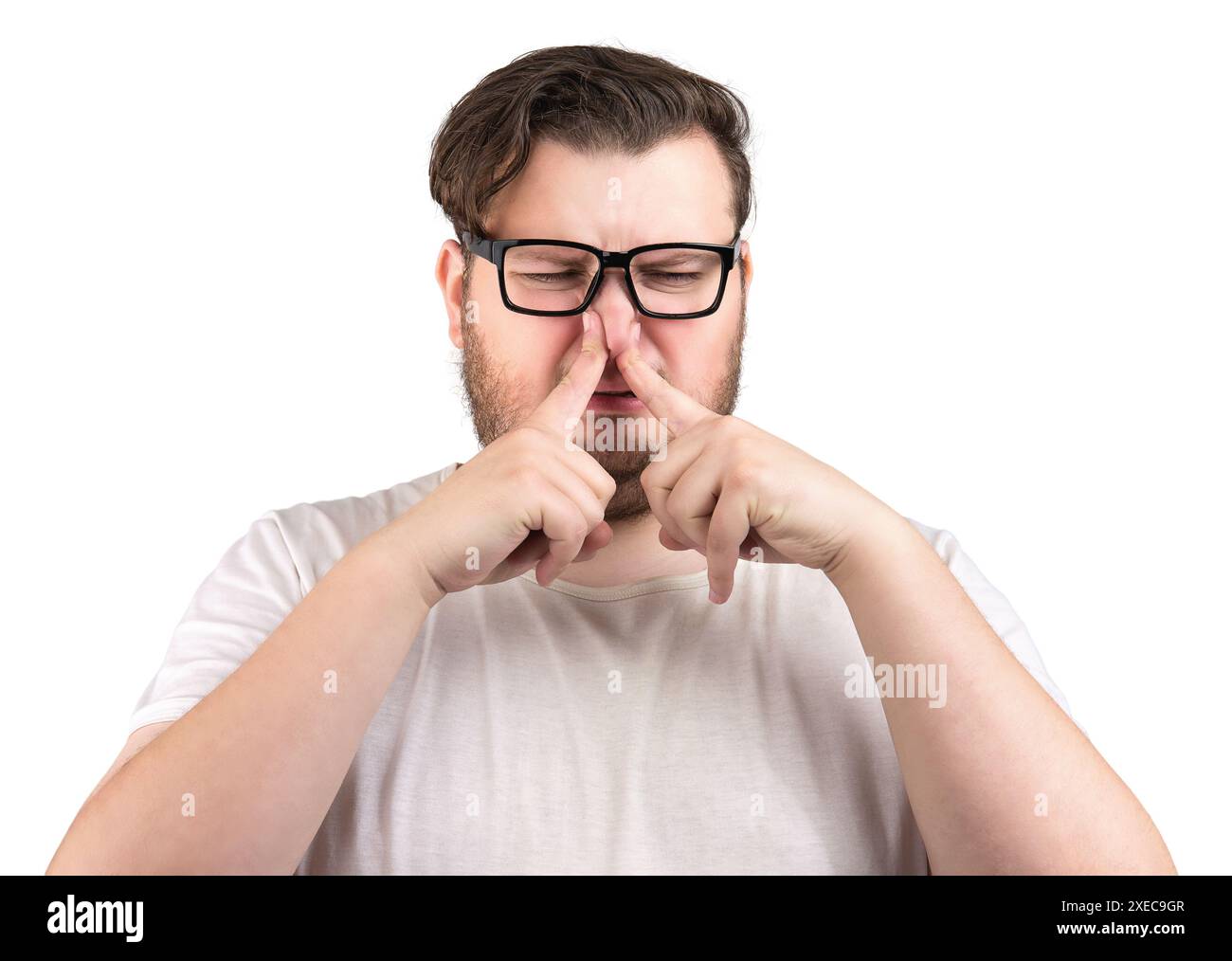 man pinches nose with fingers with disgust something stinks bad smell ...