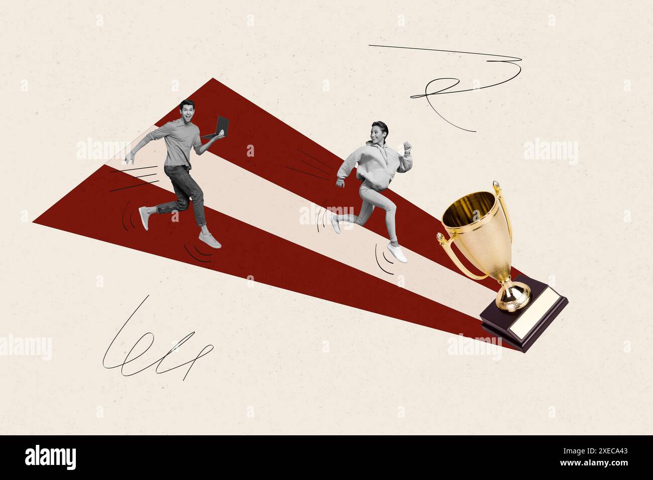 Composite collage picture of two people run compete big champion trophy ...