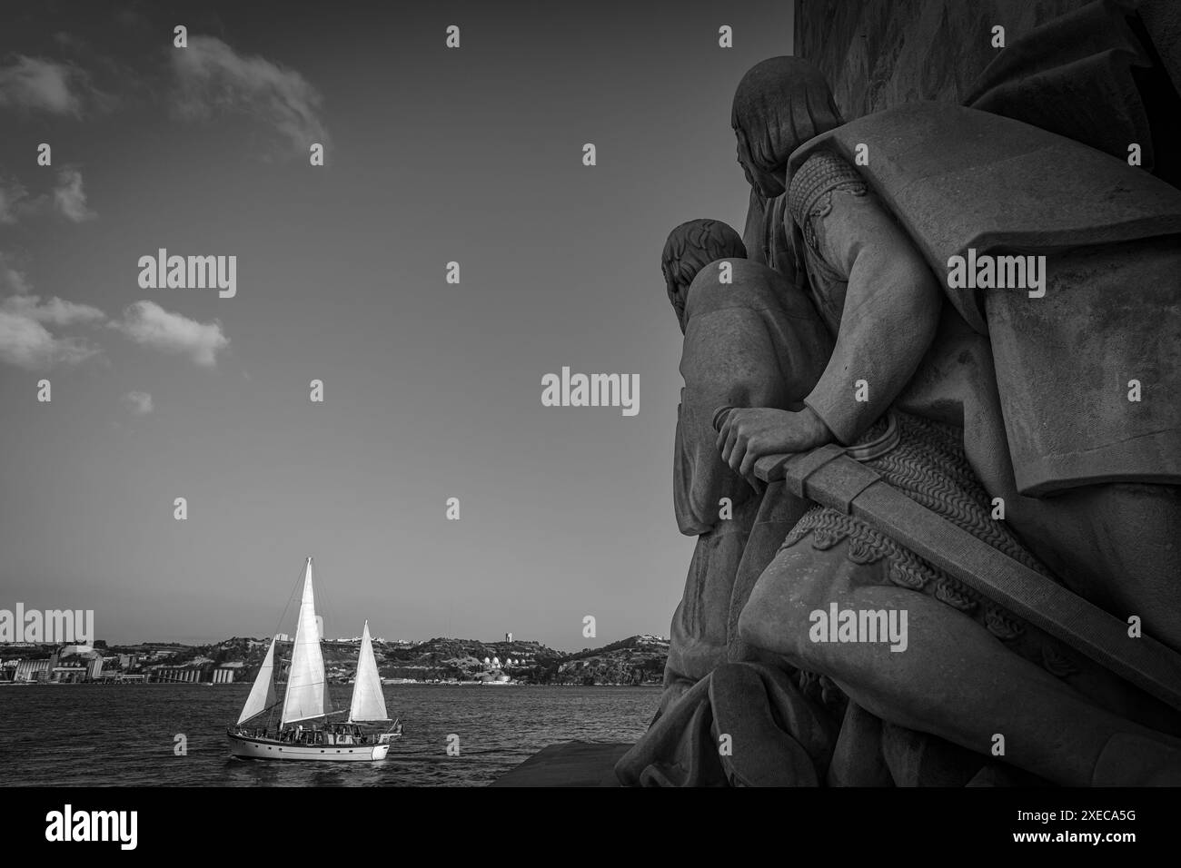 Black and White View of a Sailboat Passing by the Monument to the ...