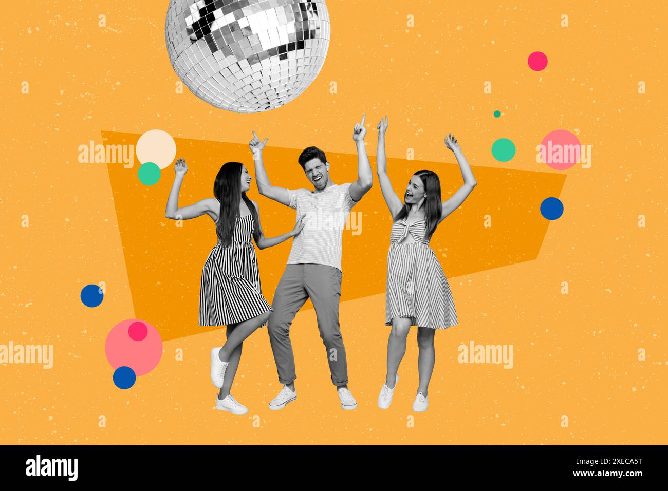 Composite collage picture of black white colors people dance disco ball ...