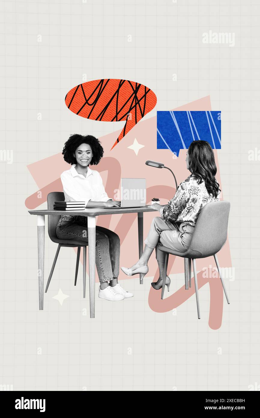 Vertical photo collage of happy american business girl sit table ...