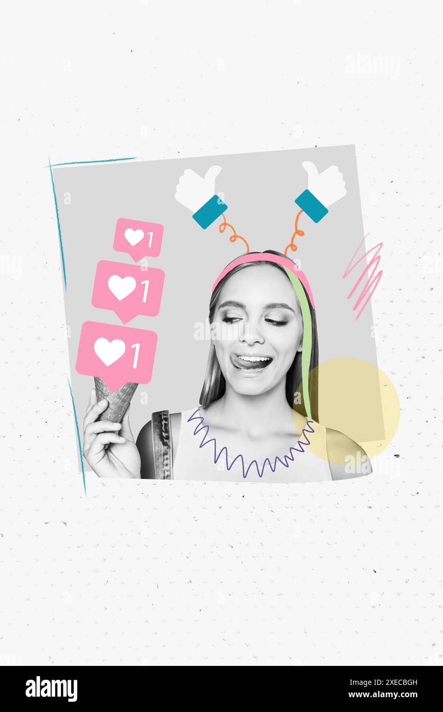 Vertical Photo Collage Of Happy Girl Lick Lips Hold Ice Cream Cone Like