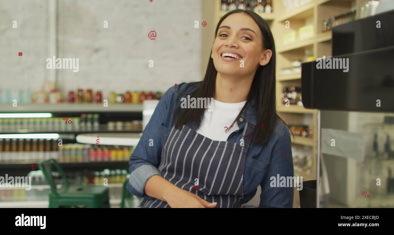 Image of icons over biracial female shop assistant smiling Stock Photo ...