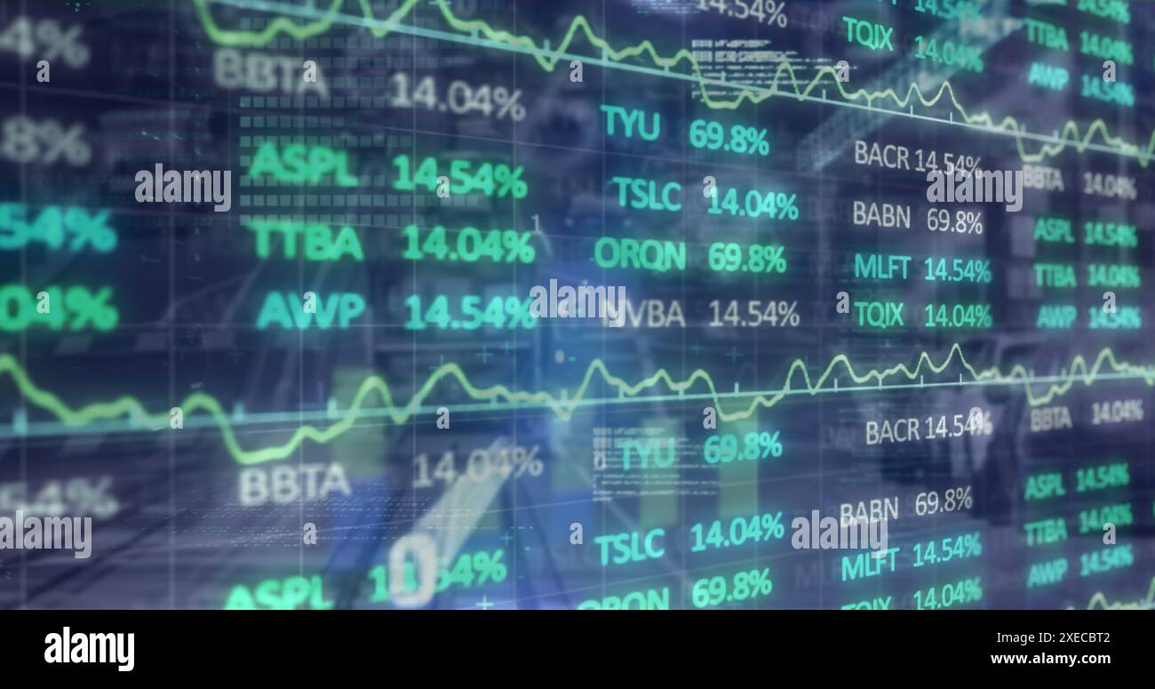 Image of stock market and statistical data processing against blue ...