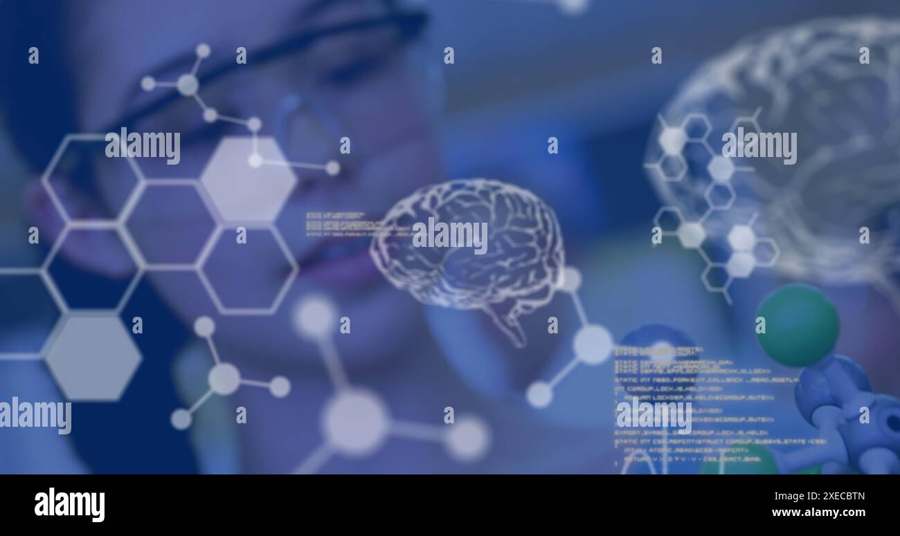 Image of humans brain and data processing over female scientist in ...