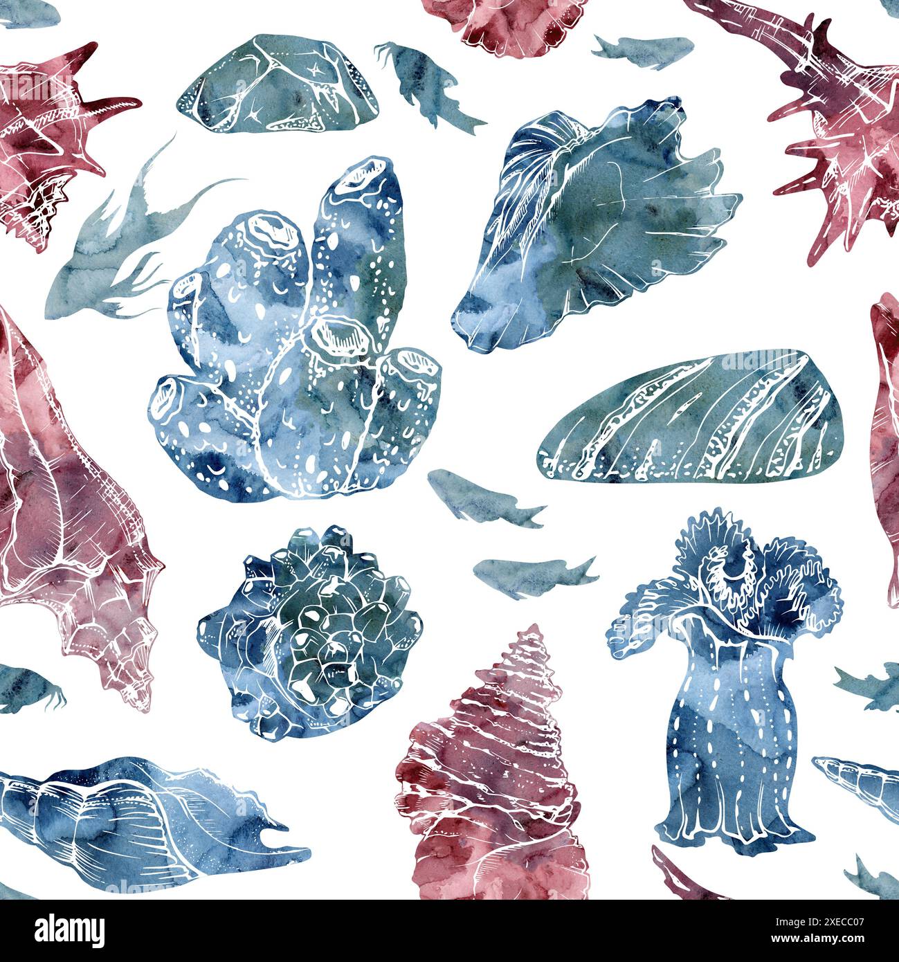 Watercolor and ink hand drawn marine life, sea ocean underwater ...