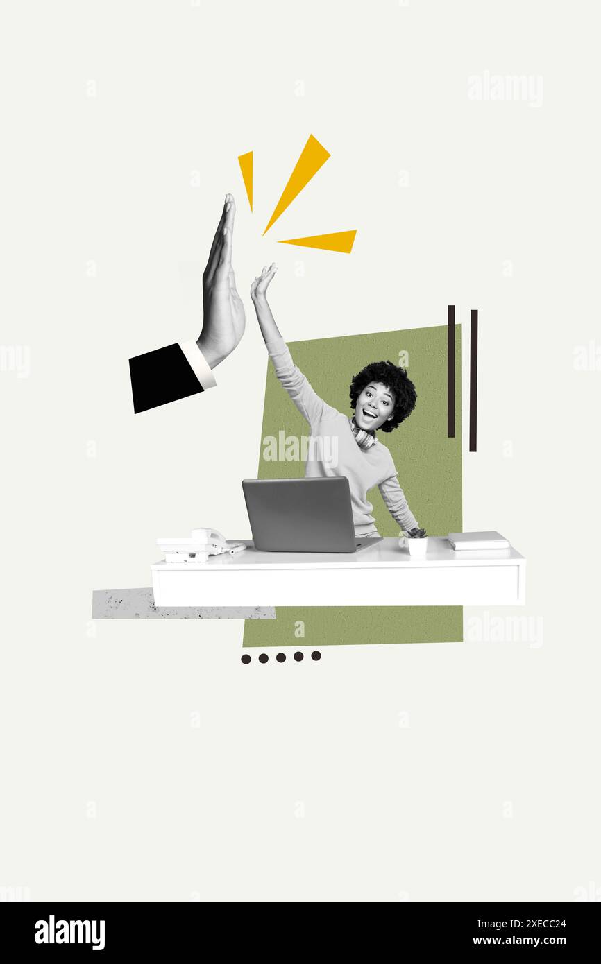 Vertical photo collage of happy american businesswoman give high five ...