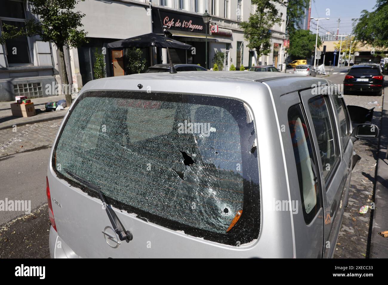 Brussels, Belgium. 27th June, 2024. A bullet hole is seen in the broken ...