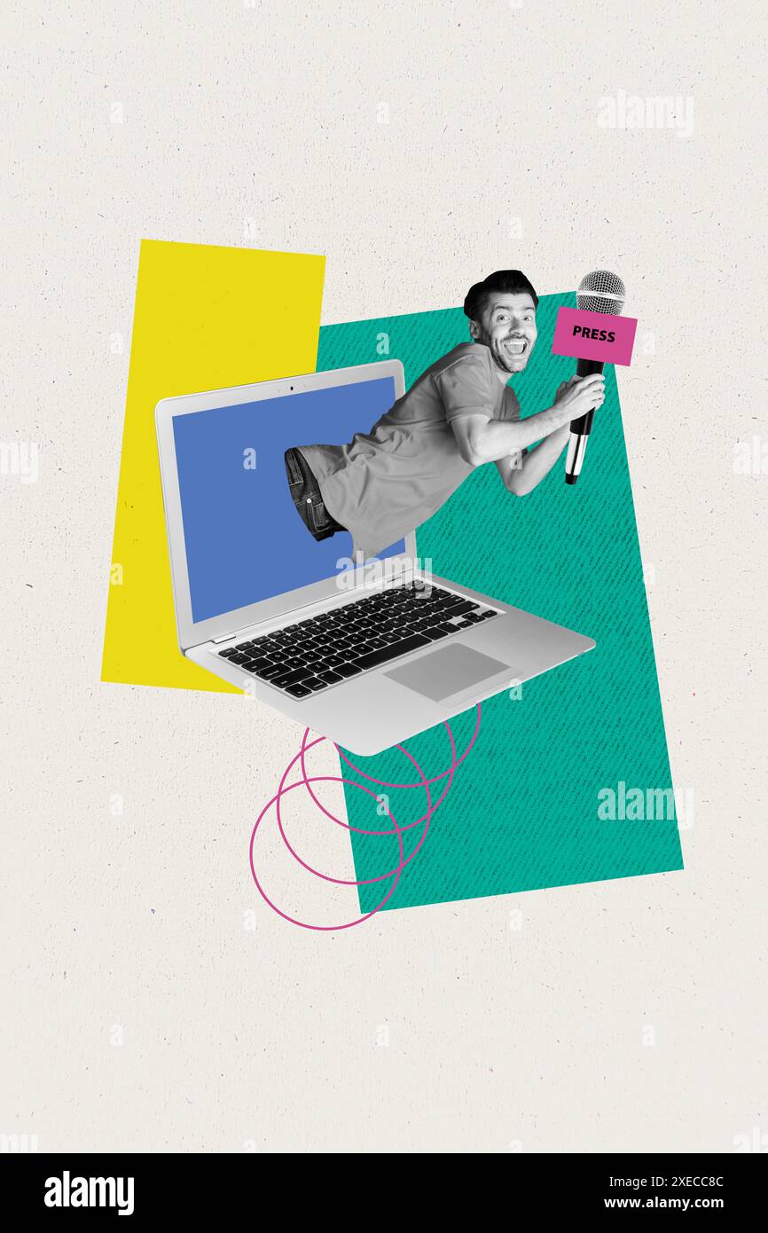 Composite collage picture image of netbook online funny journalist ...