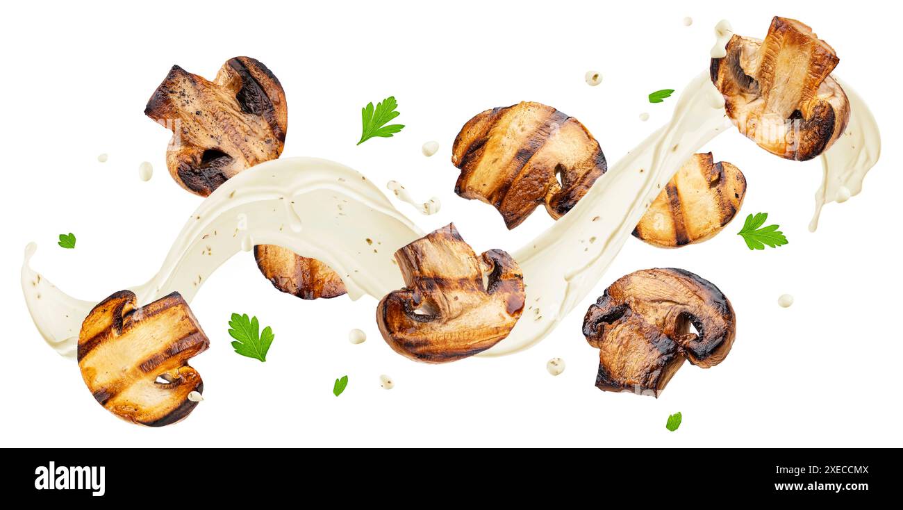 Mushroom sauce splash with falling champignon slices isolated on white ...