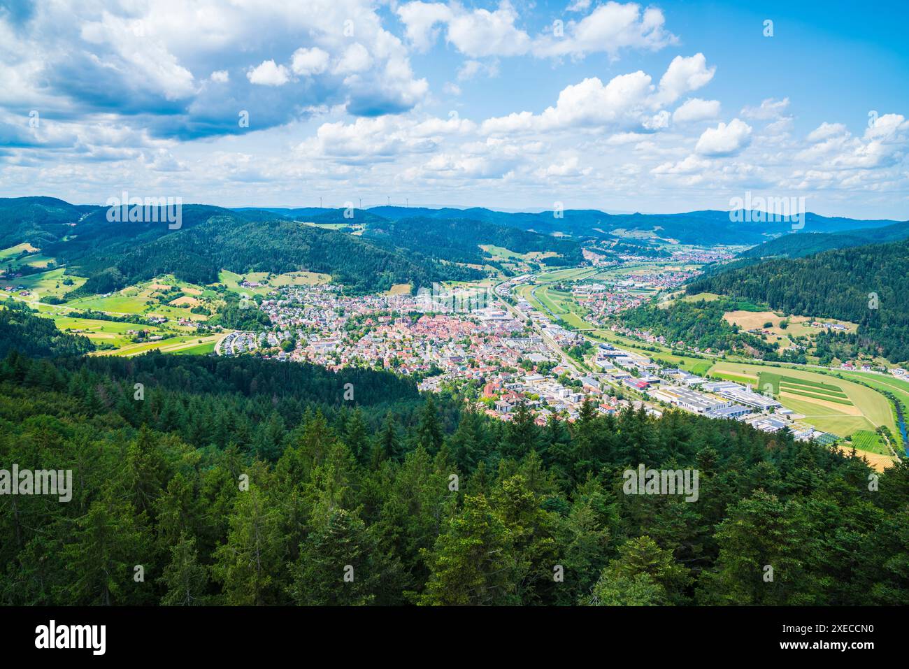 Germany, Aerial panorama nature landscape view above schwarzwald city ...