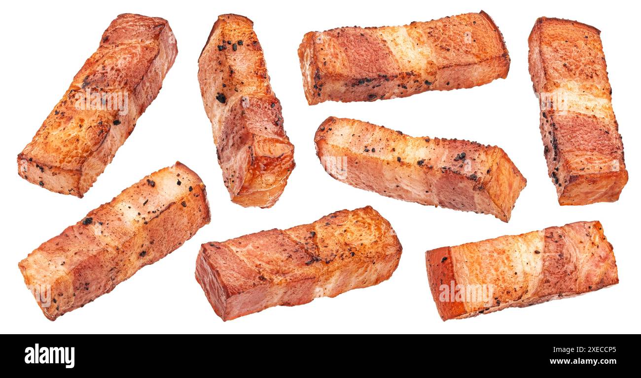 Fried Italian pancetta bacon isolated on white background, full depth ...
