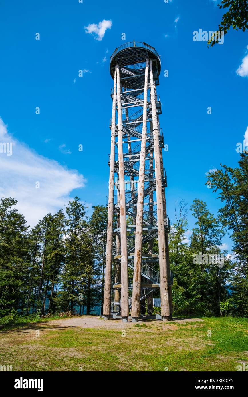 Germany, Urenkopfturm wooden viewpoint tower with stairs in schwarzwald ...