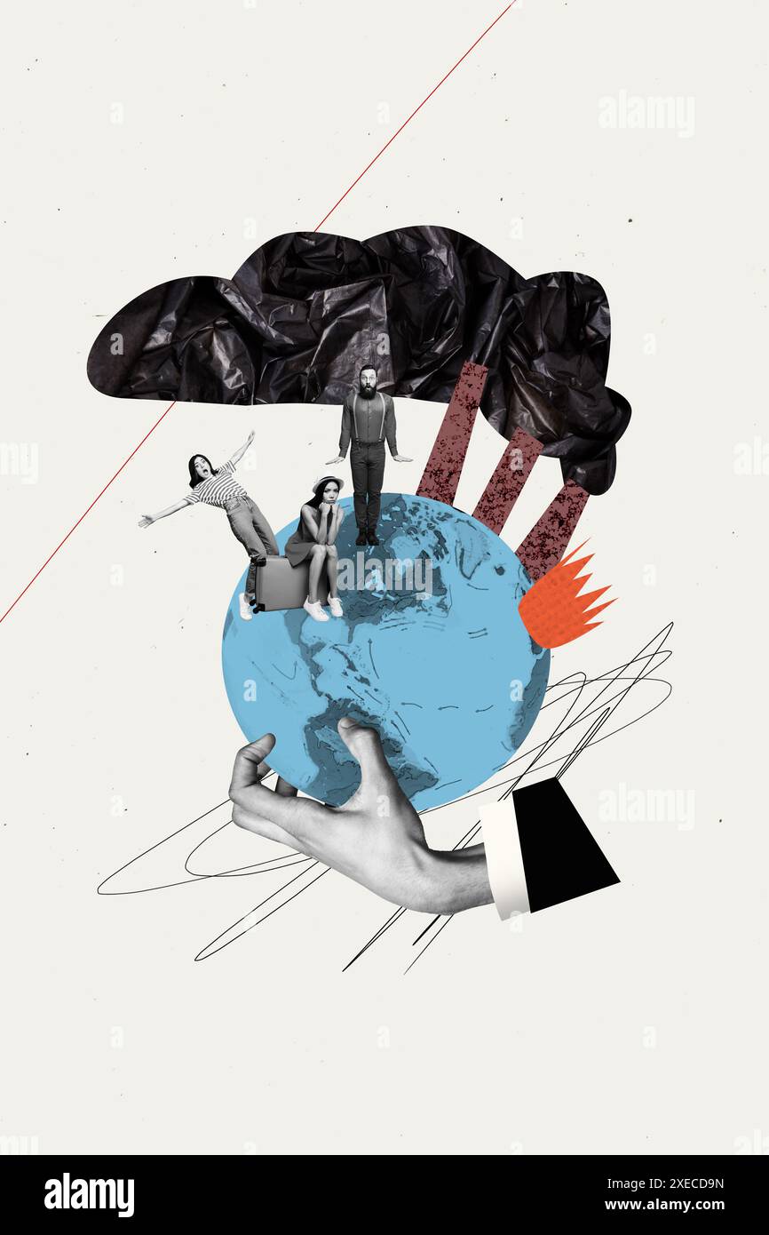 Vertical photo collage of shocked people immigrants stand globe planet ...