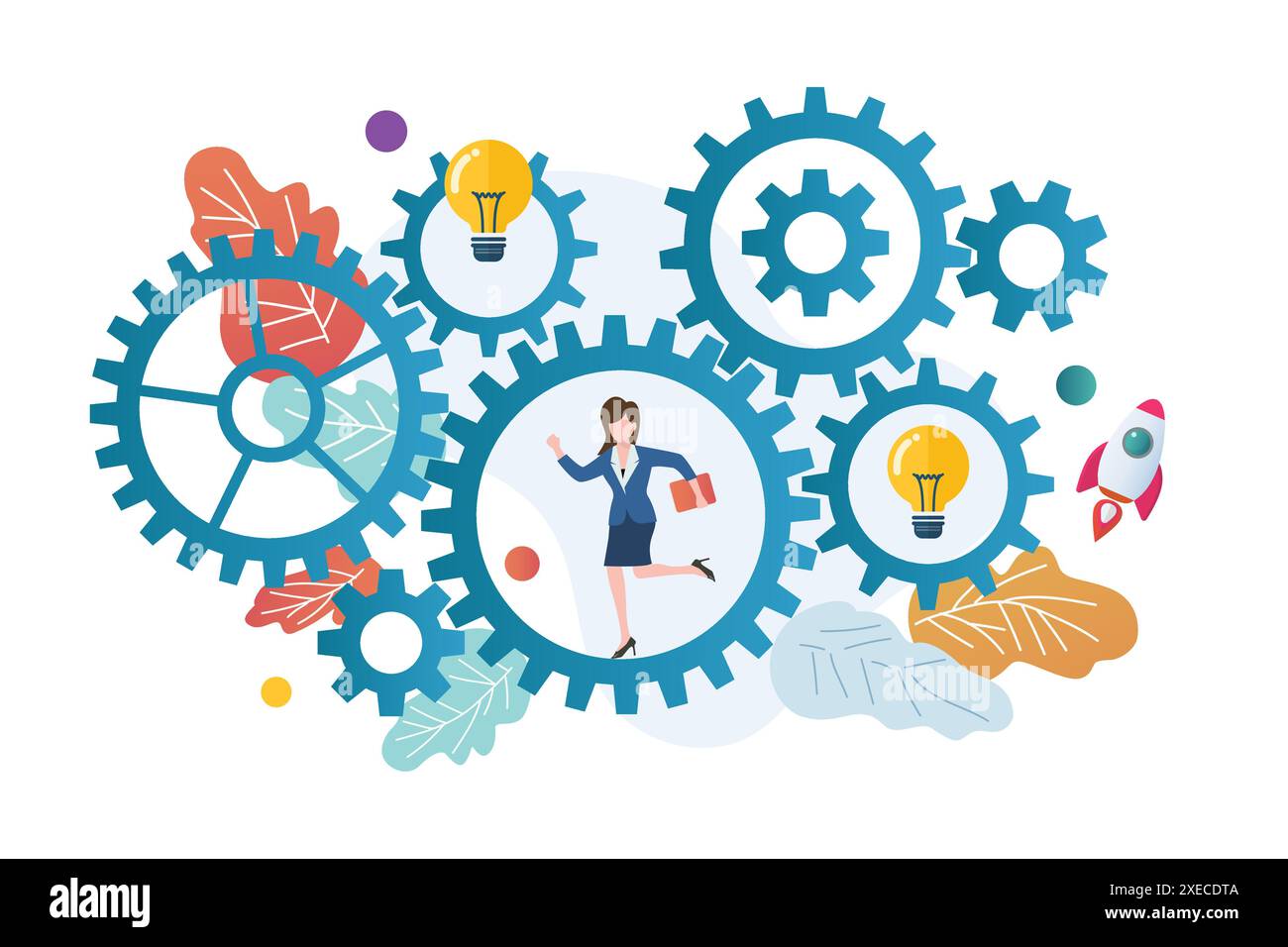 Business woman running in gear wheels. power of motivation. Hard work ...