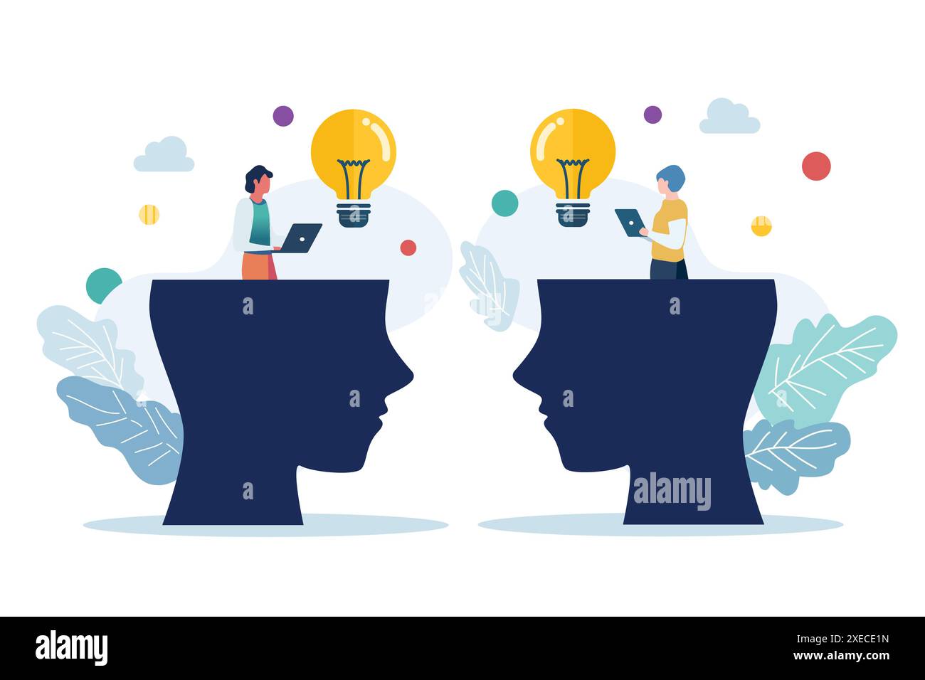 People characters open from human brain head to exchange business lightbulb ideas. Creativity ...